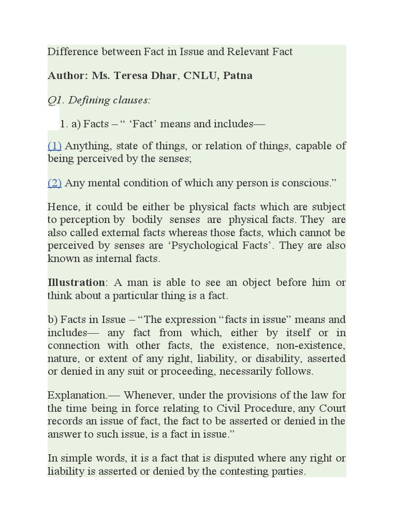 Difference Between Fact in Issue and Relevant Fact | PDF | Evidence ...