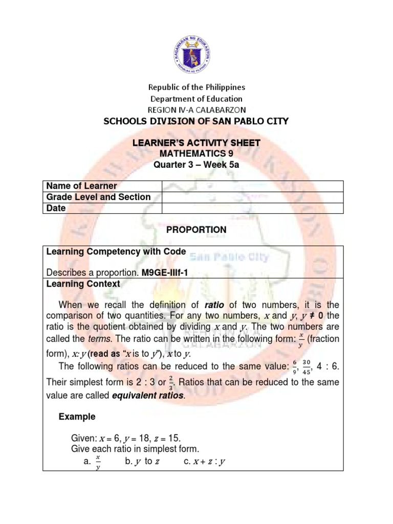 LA Math-9 3rdquarter Weeks-56 | PDF | Ratio | Elementary Mathematics