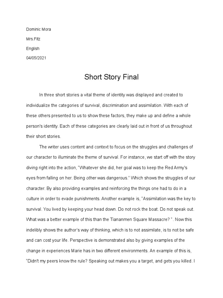 Dominic Mora - Short Story Final Assessment | PDF | Identity (Social ...