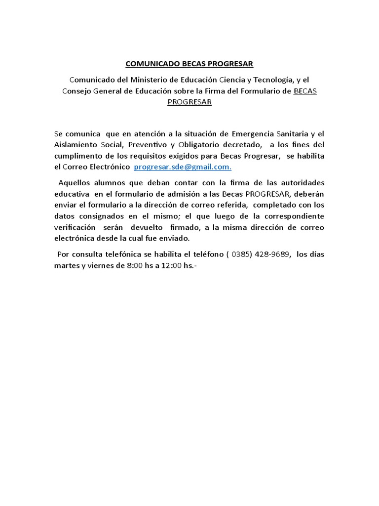 Comunicado Becas Progresar | PDF