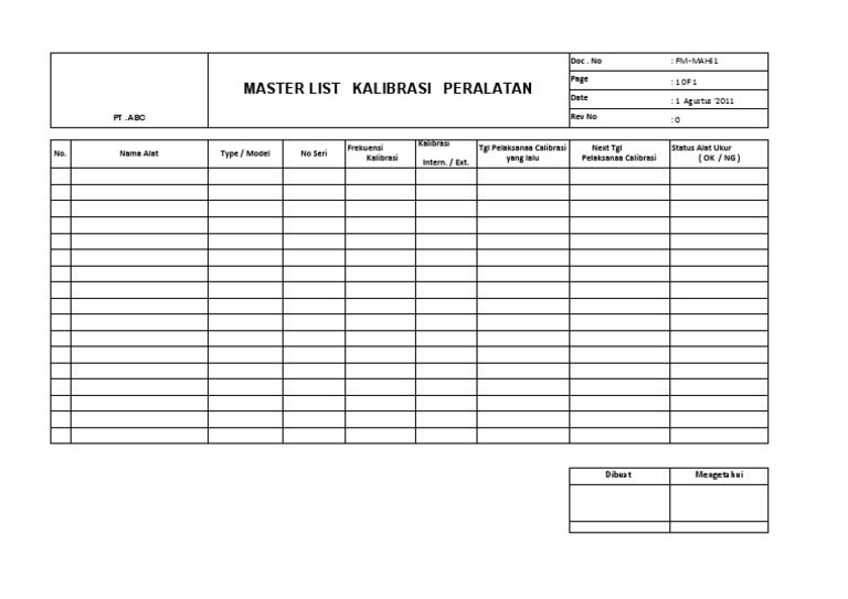 KAL Master List Kalibrasi Alat | PDF