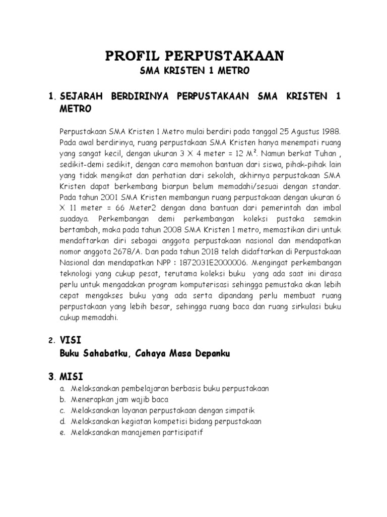 Sejarah dan Program Perpustakaan SMA Kristen 1 Metro | PDF