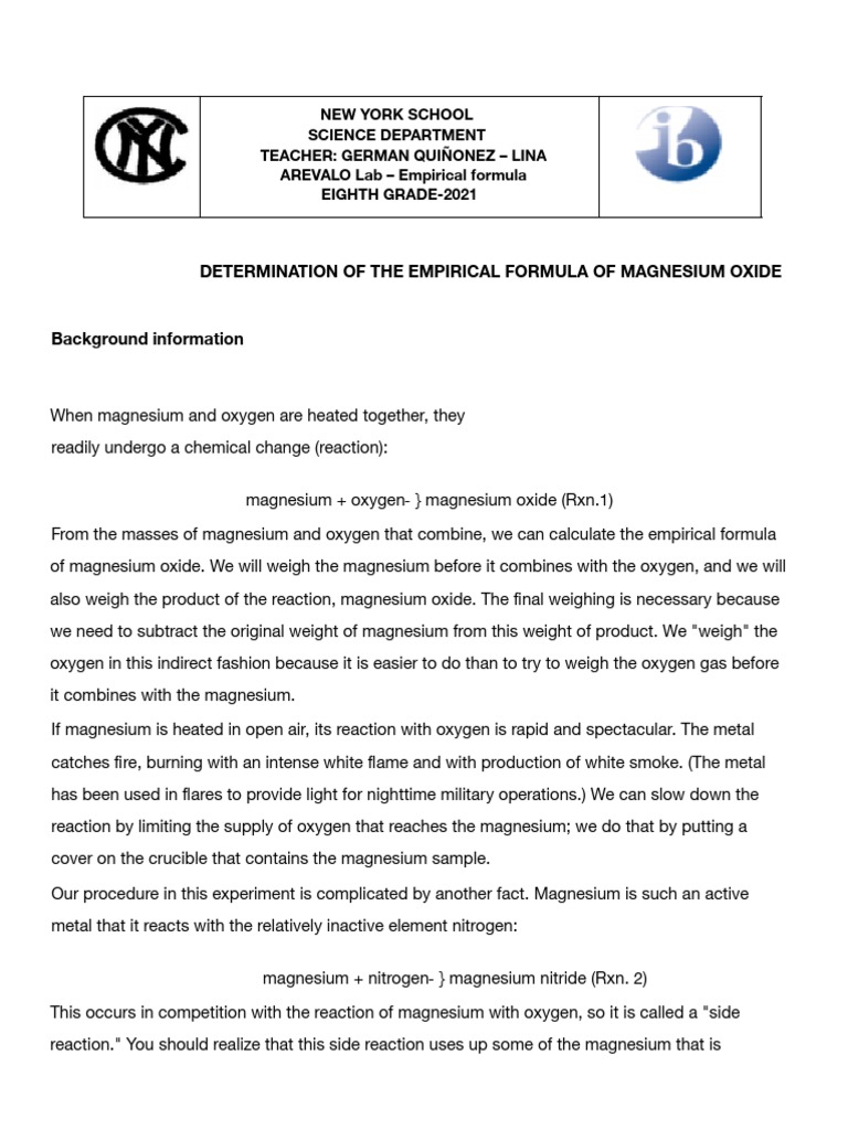 Determination of The Empirical Formula of Magnesium Oxide | PDF ...