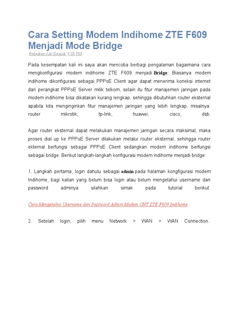 Cara Setting Modem Indihome ZTE F609 Menjadi Mode Bridge | PDF | Komputer