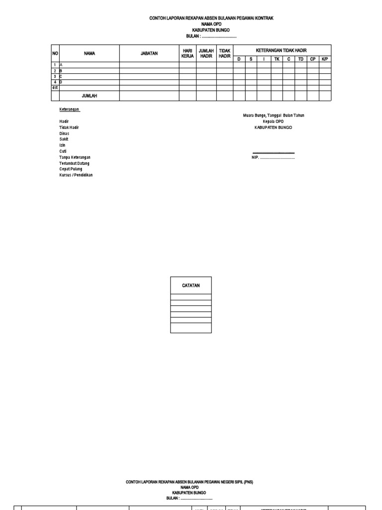 Contoh Rekapan Absen Bulanan PNS | PDF