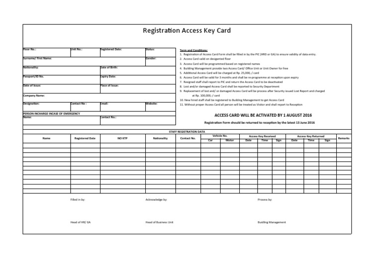 Form Registration Access Key Card | Download Free PDF | Privacy | Document