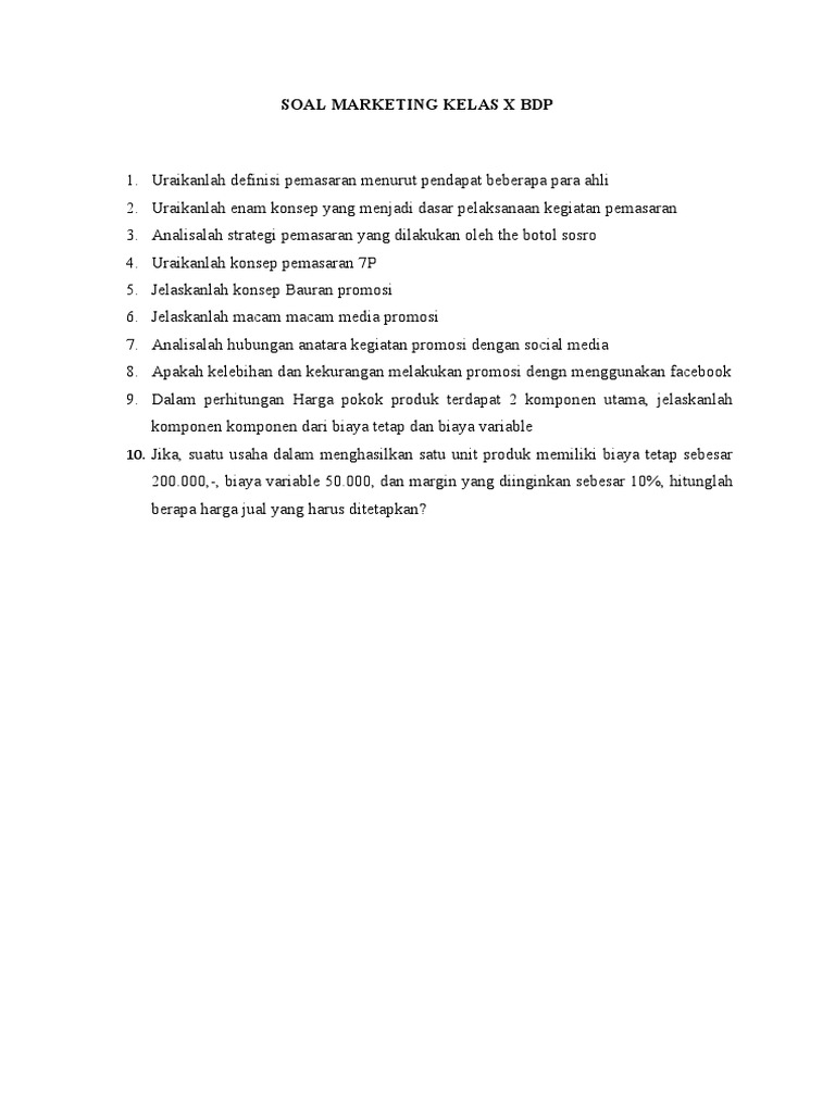 Soal Marketing Kelas X BDP | PDF