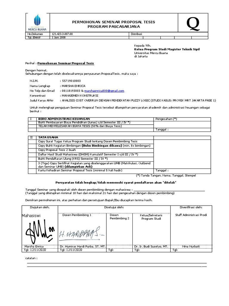 Form Pengajuan Sempro - Marsha Enrica 55719010003 | PDF