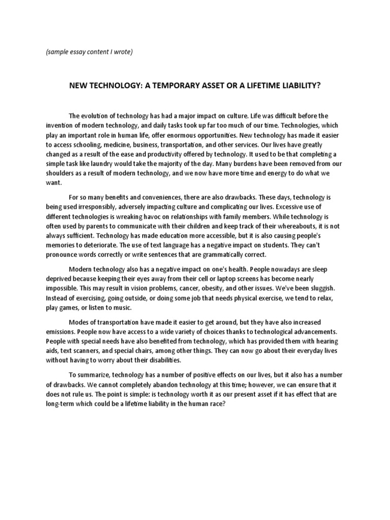 New Technology: A Temporary Asset or A Lifetime Liability?: (Sample ...