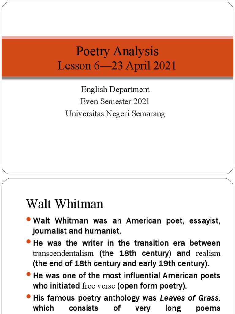 Walt Whitman & Emily Dickinson Poetry Analysis | PDF | Walt Whitman ...