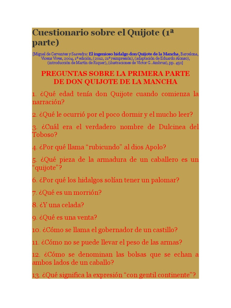 Cuestionario Sobre El Quijote | PDF | Don Quijote | Don Quijote Personajes