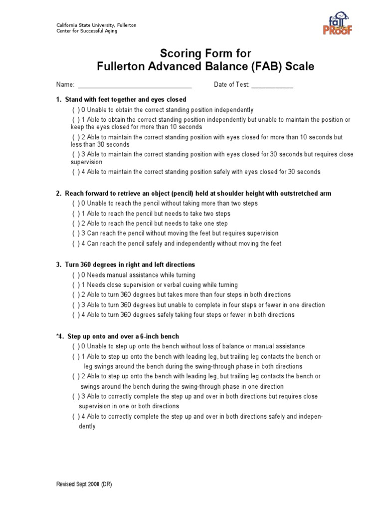 Scoring Form For Fullerton Advanced Balance (FAB) Scale: 1. Stand With ...