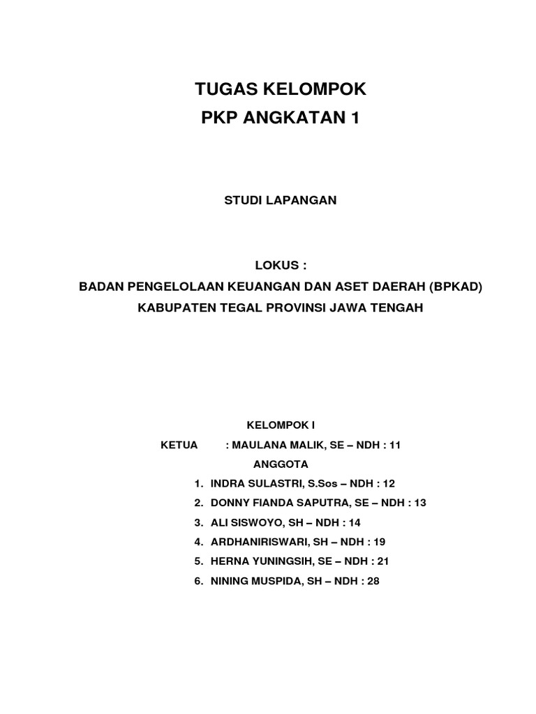Tugas Kelompok 1 - STUDI LAPANGAN BPKAD TEGAL | PDF