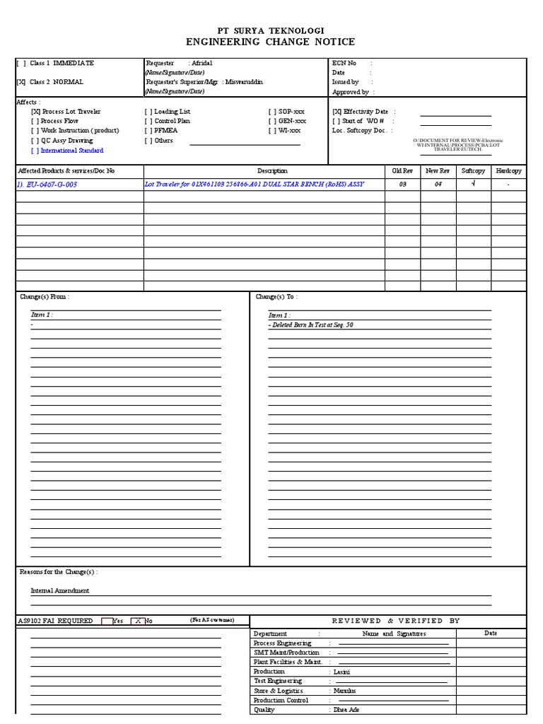Engineering Change Notice for Lot Traveler | PDF | Manufacturing And ...