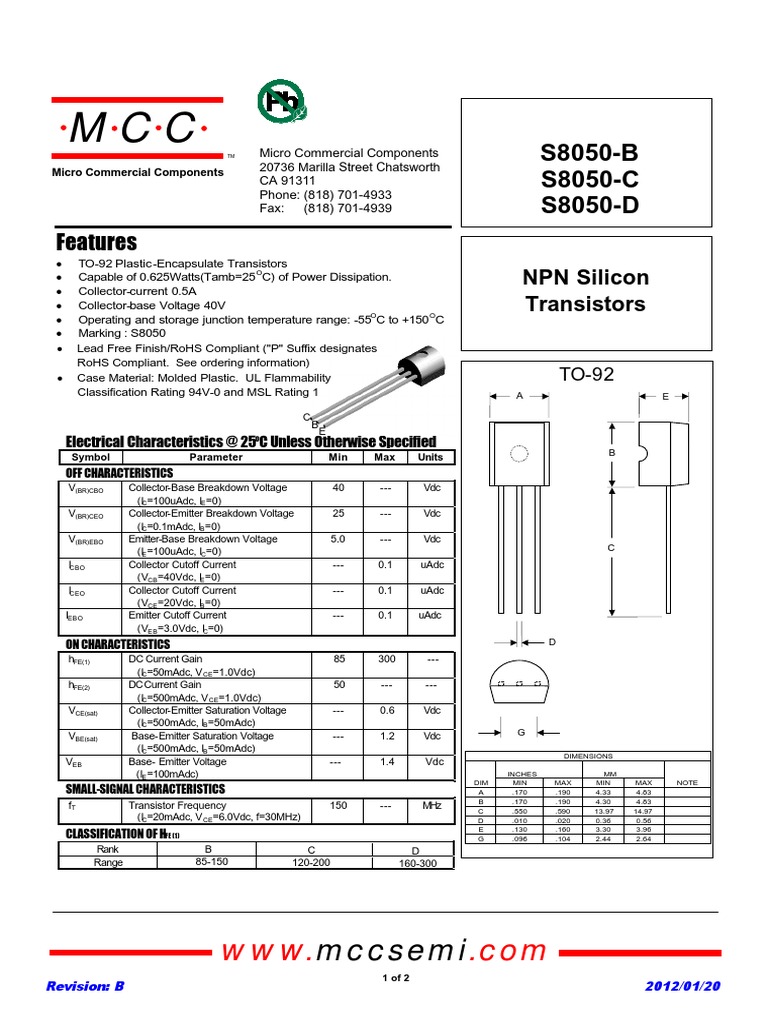 Mccsemi: S8050-B S8050-C S8050-D | PDF | Bipolar Junction Transistor ...