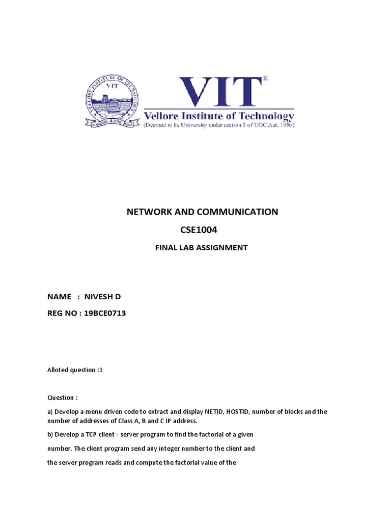 Network and Communication CSE1004: Final Lab Assignment | PDF | Network Socket | Ip Address