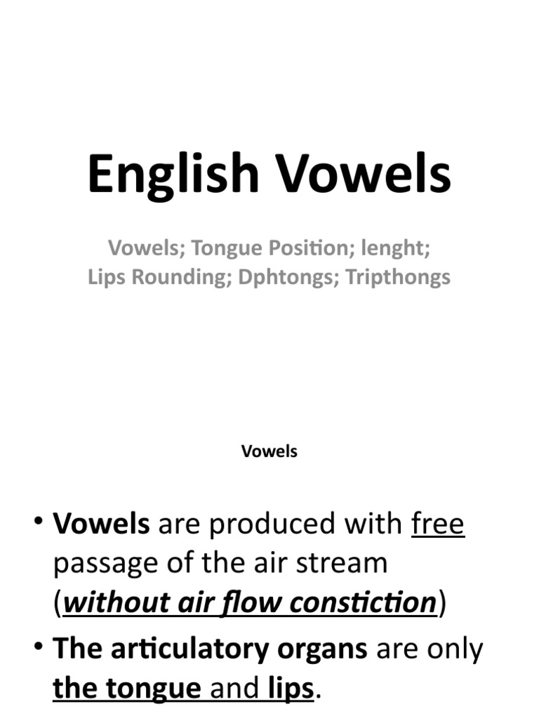 English Vowels: Vowels Tongue Position Lenght Lips Rounding Dphtongs ...