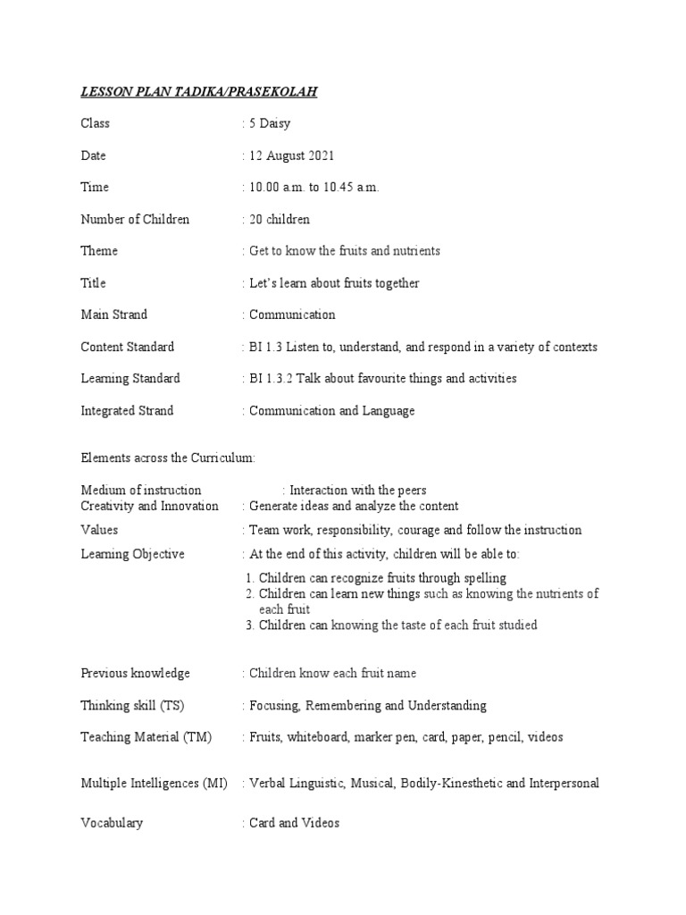 Lesson Plan Tadika/Prasekolah: Get To Know The Fruits and Nutrients ...