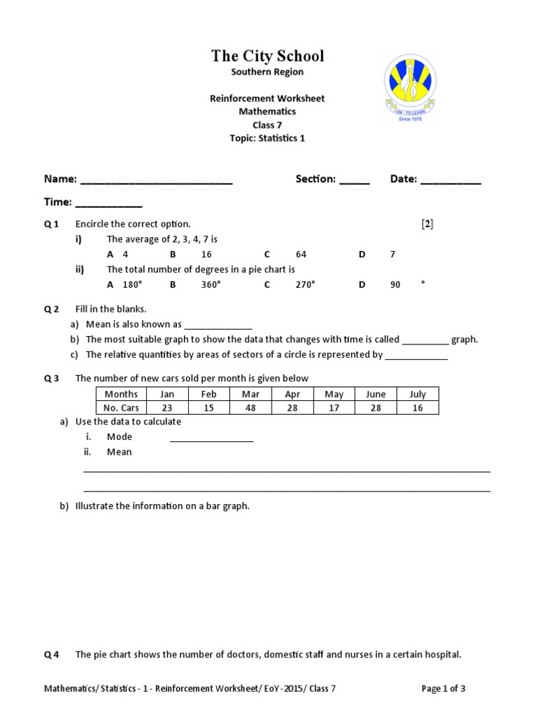 8 Reinforcement Worksheet Statistics 1 | PDF | Pie Chart | Mean