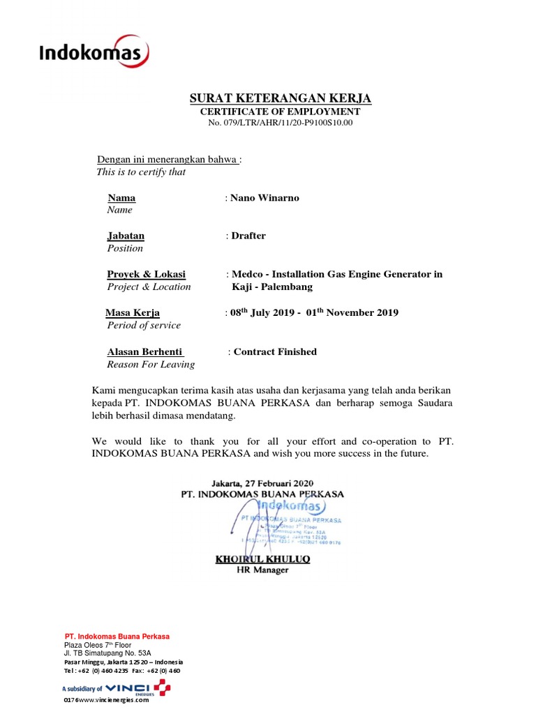 Surat Keterangan Kerja PT Indokomas | PDF
