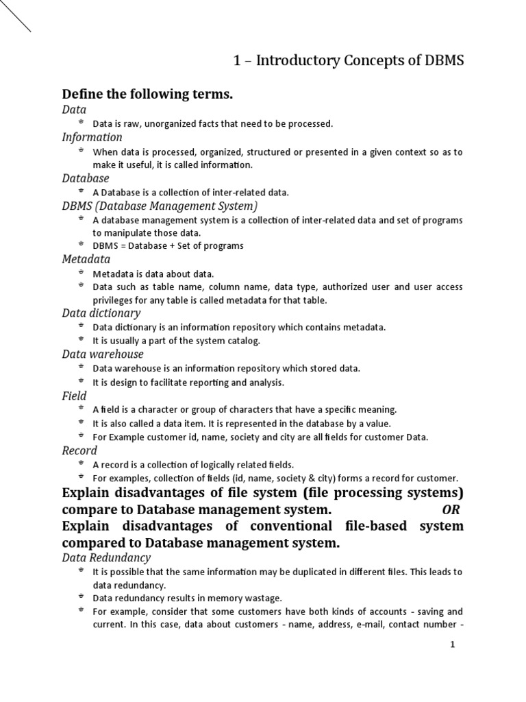 1 - Introductory Concepts of DBMS: Define The Following Terms ...