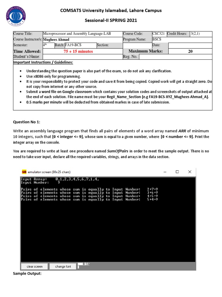 CSC321 Microprocessor and Assembly Language - Lab - (FA19 BCS ...