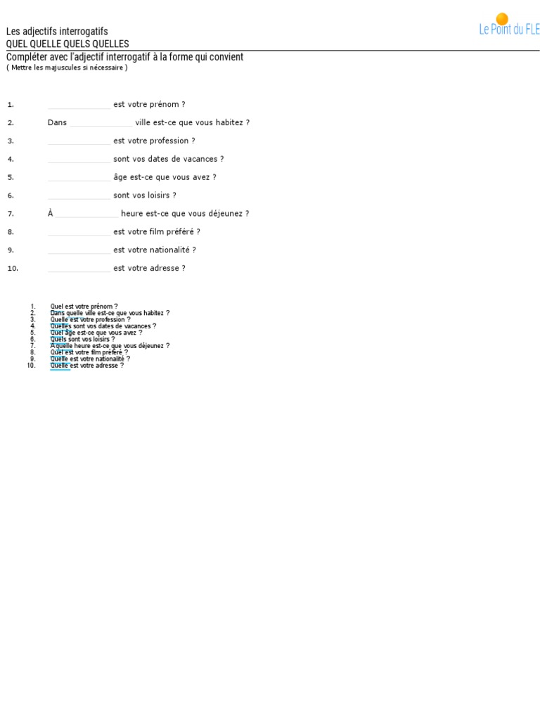 Quel Quels Quelle Quelles - Adjectifs Interrogatifs | PDF | Arts du ...