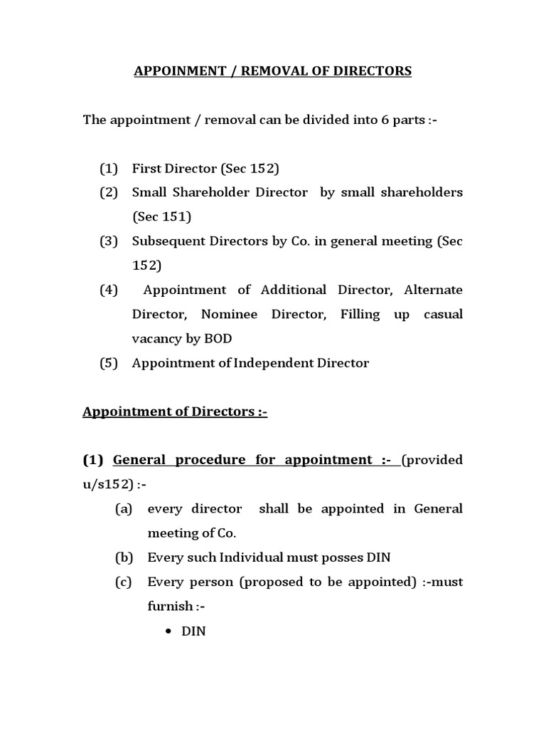 Appointment And Removal Of Directors Pdf Board Of Directors Justice
