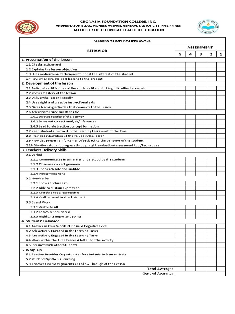 CFCI Observation Rating Scale | PDF | Teachers | Teacher Education