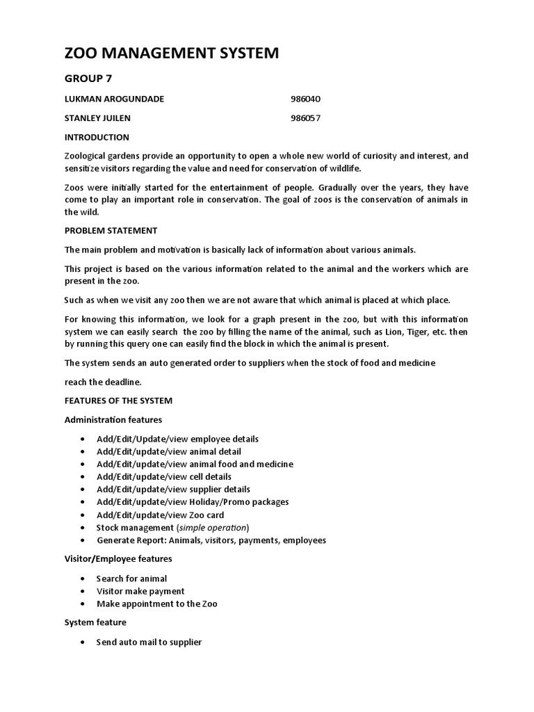 Zoo Management System: Group 7 | PDF | Science & Mathematics