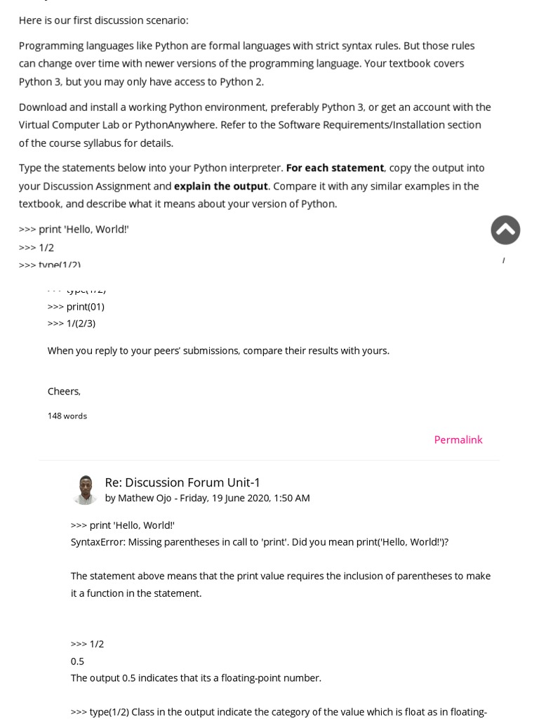 Cs 1101 Ay2020 T5 Discussion Forum Unit 1 Pdf Python Programming Language Decimal