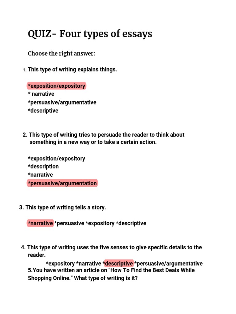 QUIZ - Four Types of Essays | PDF