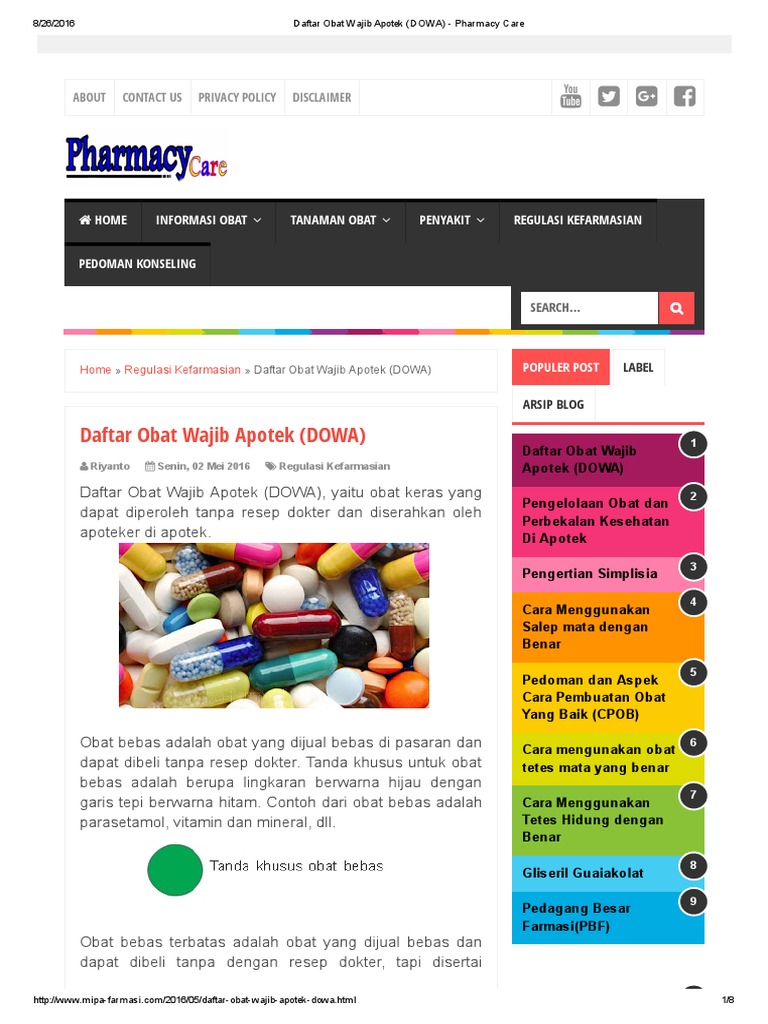 Daftar Obat Wajib Apotek (DOWA) - Pharmacy Care | PDF