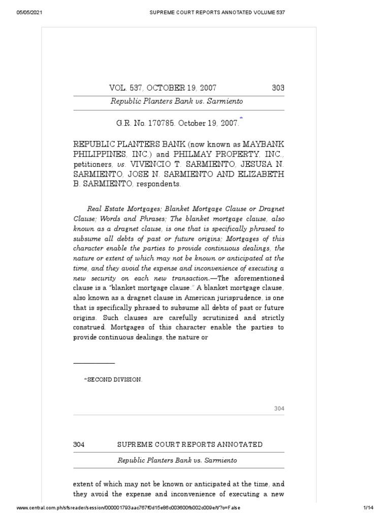 Republic Planters Bank vs. Sarmiento | PDF | Mortgage Law | Foreclosure