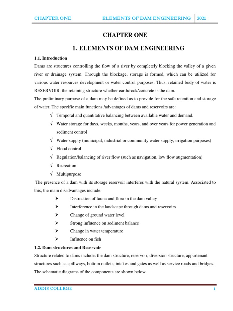 Chapter One Elements of Dam Engineering 2021 | PDF | Dam | Reservoir