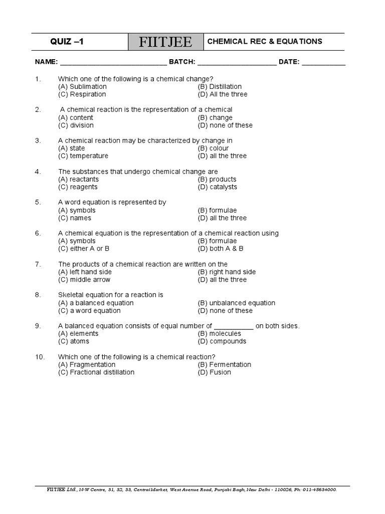 Class 10 Chemical Reactions Quiz | PDF | Oxide | Chemical Reactions