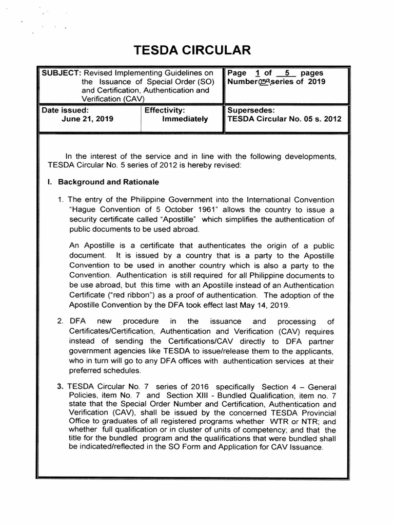 TESDA CAV and SO Number Guidelines | PDF | Verification And Validation ...
