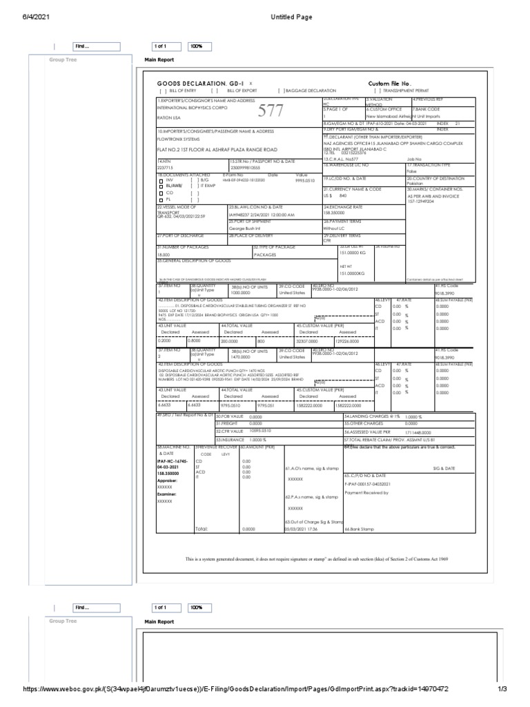 Goods Declaration Document for the Import of Disposable Cardiovascular ...
