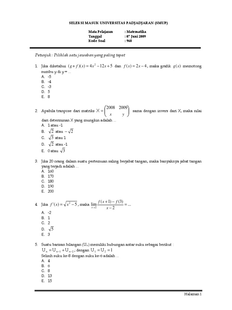 Soal Seleksi Masuk Unpad 2009 Matematika Kode968 | PDF