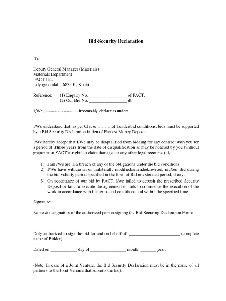 Bid-Security Declaration: 1/we, . . Irrevocably Declare As Under | PDF