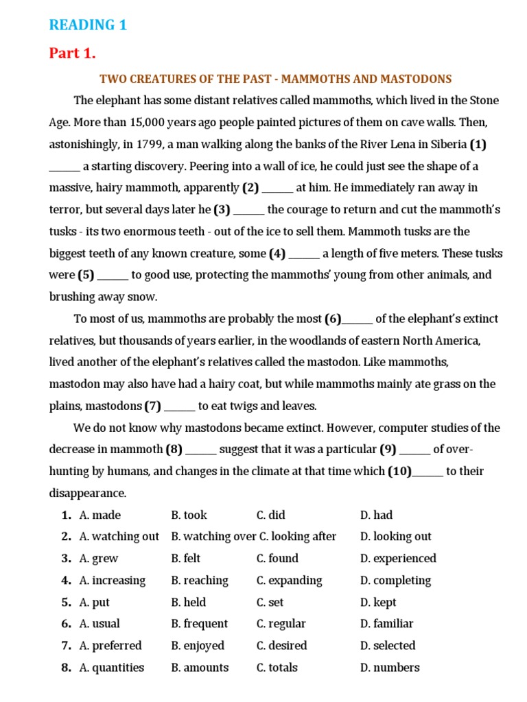 Reading 1: Two Creatures of The Past - Mammoths and Mastodons | PDF ...