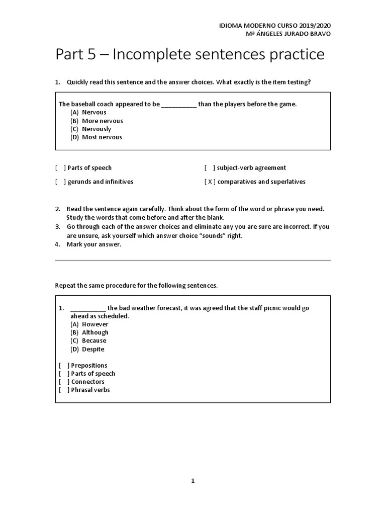 Part 5 - Incomplete Sentences Practice | PDF | Part Of Speech | Verb