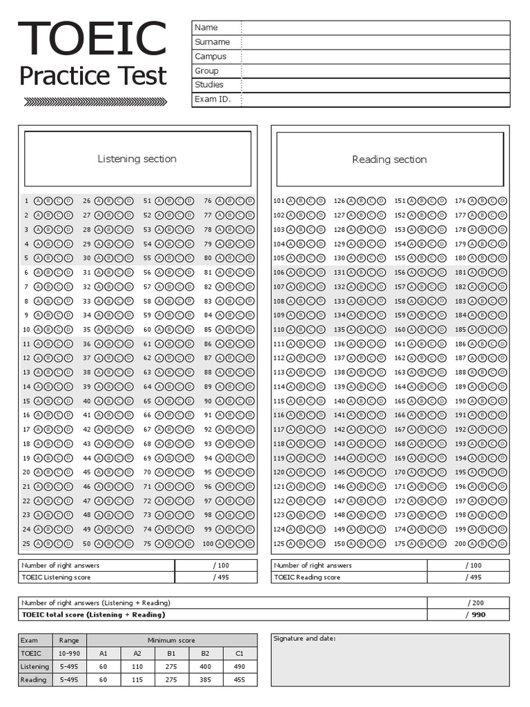 0 TOEIC Answer Sheet - Plantilla | PDF | Standardized Tests ...