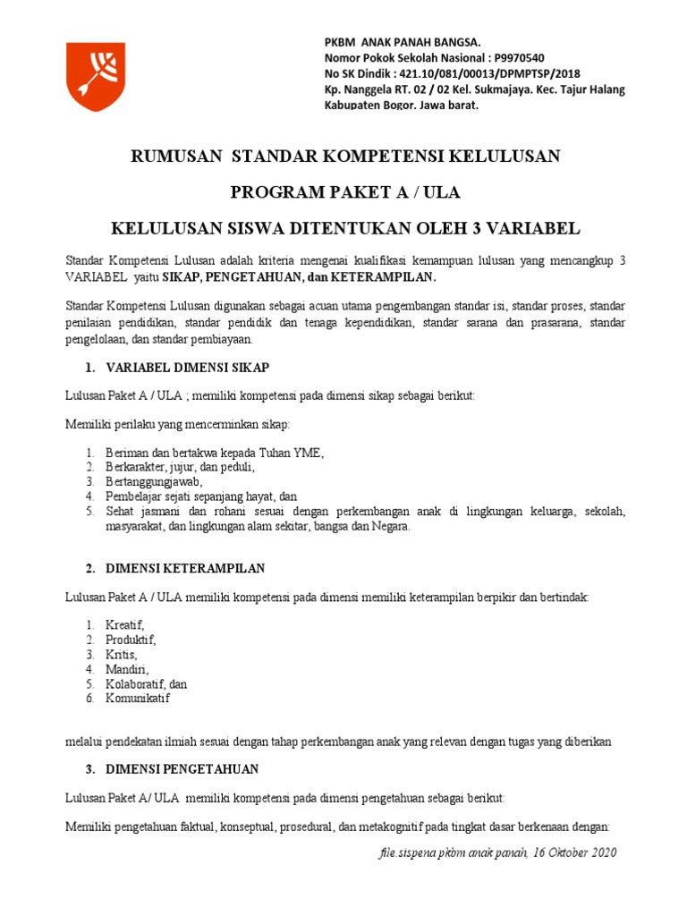 Standar Kelulusan Paket A PKBM | PDF