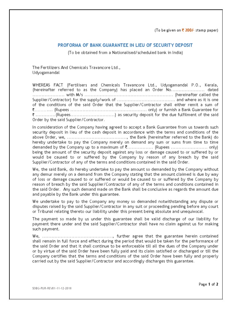 Proforma of Bank Guarantee in Lieu of Security Deposit: (To Be Given On ...