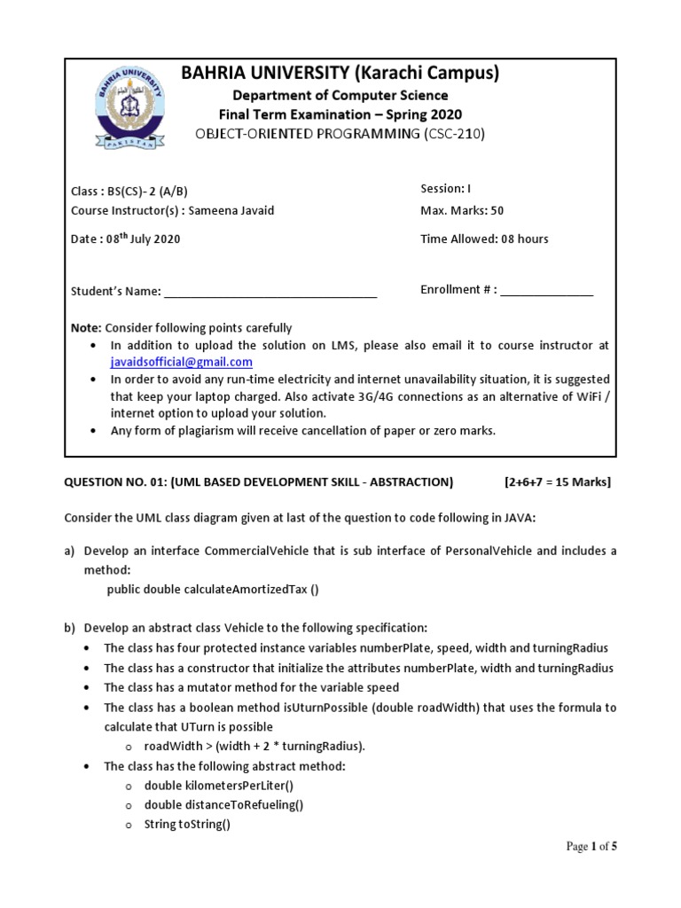 BAHRIA UNIVERSITY (Karachi Campus) : Object-Oriented Programming (Csc-210) | PDF | Method ...