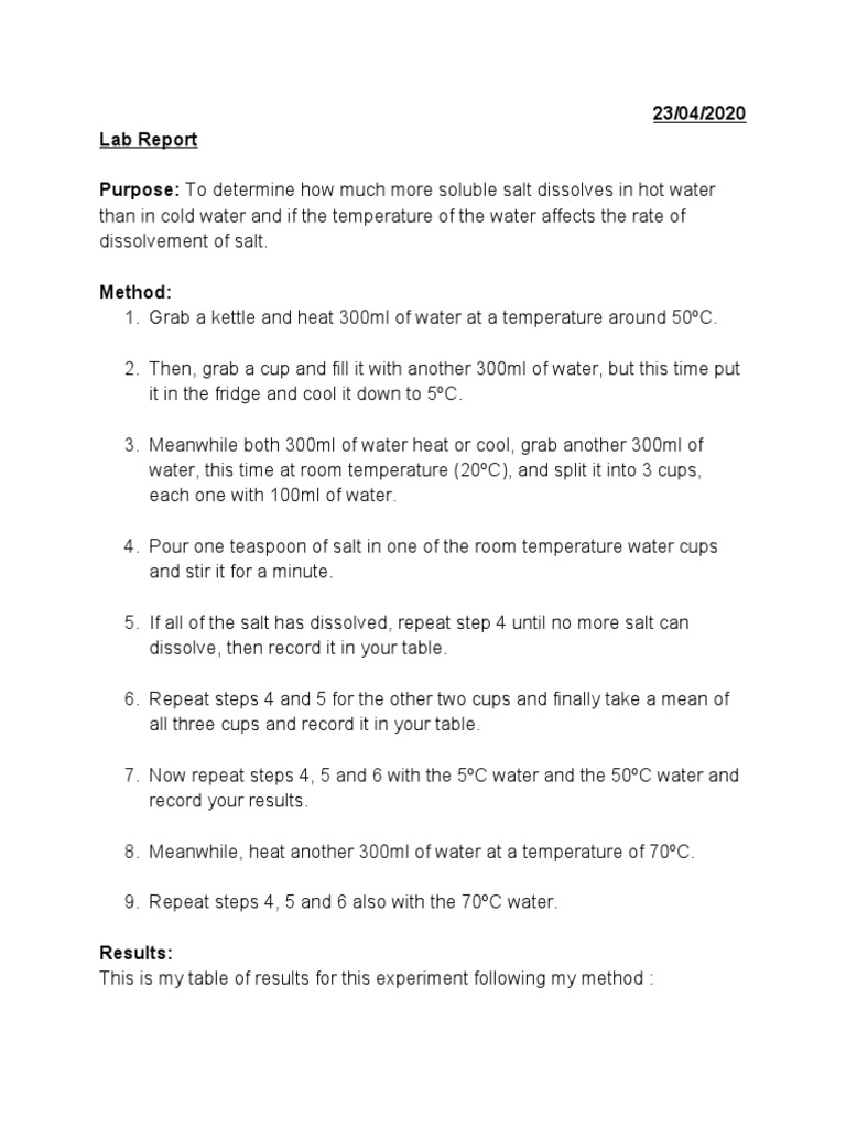 23/04/2020 Lab Report Purpose: To Determine How Much More Soluble Salt Dissolves in Hot Water ...