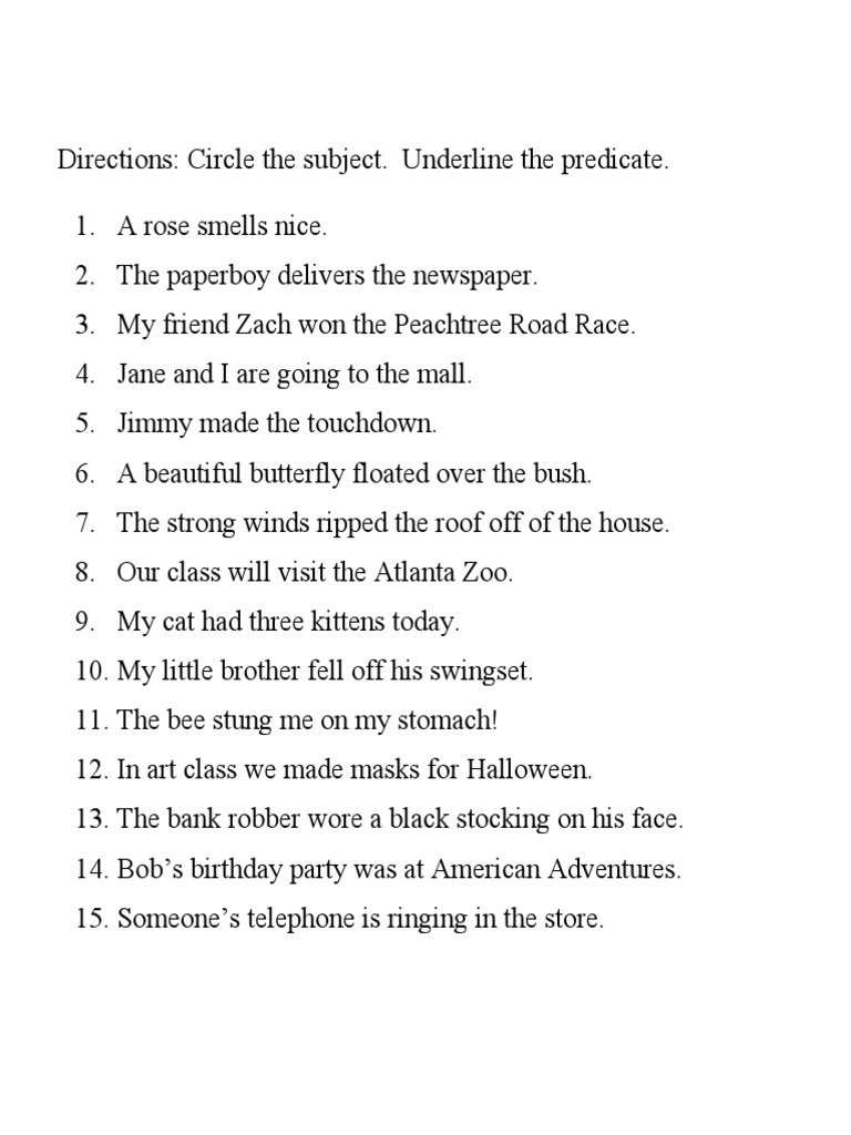 Identifying Subject and Predicate Worksheet - 16282 | PDF
