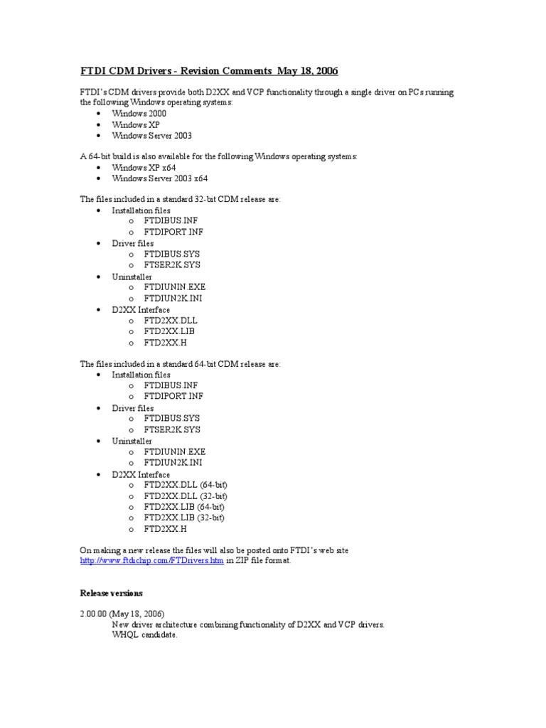 FTDI CDM Driver Release 2.00.00 | PDF | Microsoft Windows | 64 Bit ...