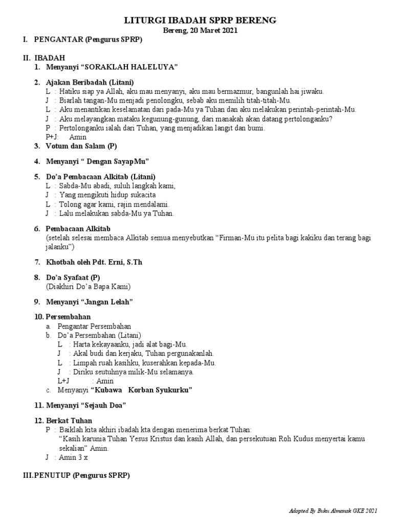 Liturgi Ibadah SPRP Bereng 2021 | PDF